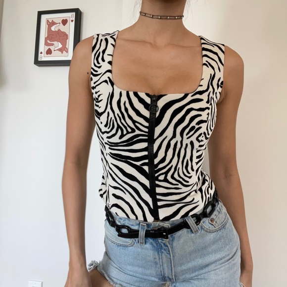 American Vintage | Tops | Vintage 9s Zebra Print Fuzzy Corset Style Top ...